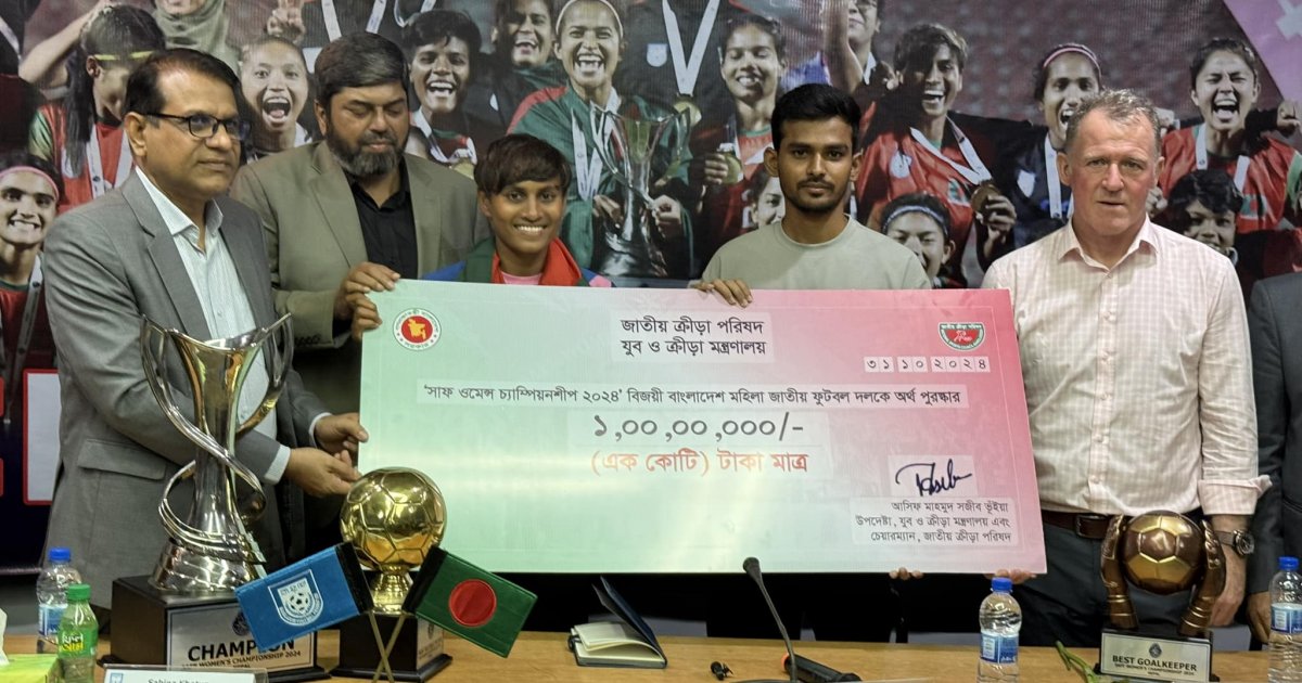 Triumphant Bangladesh women footballers get Tk1 crore reward from sports adviser