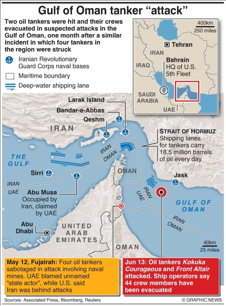 Infographic: 2 tankers struck in suspected attacks in Gulf of Oman