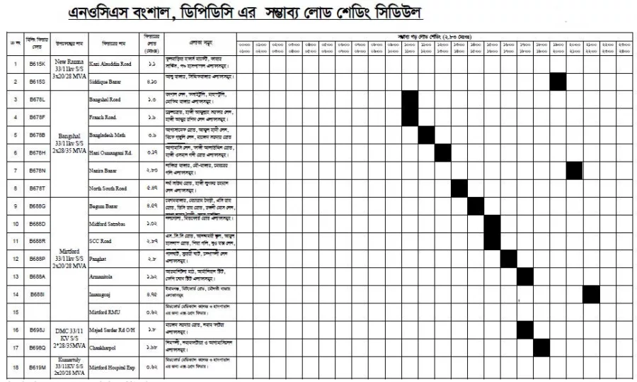 Friday's loadshedding timing for DPDC areas