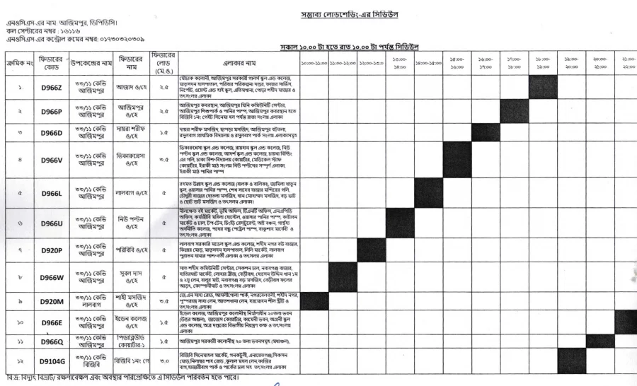 Saturday's loadshedding timing for DPDC areas